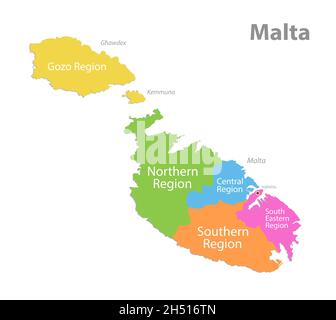 Malta map, Current regions with names, old paper background vector ...
