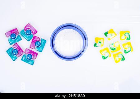 Various detergents for washing clothes, capsules and powder. Studio ...