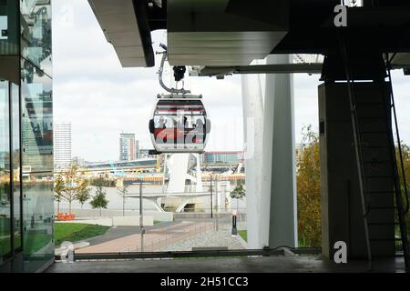 An Emirates cable car at the boarding point at the Greenwich Peninsula ...