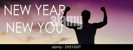 new year banner with muscular strong man, copy space. happy new year ...