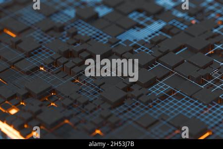 Abstract glowing cubes and lines, circuits and materials, 3d rendering ...