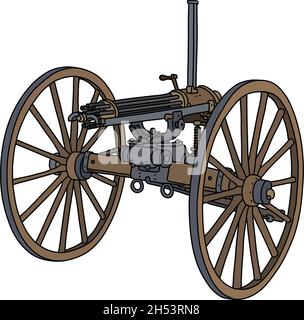 The vectorized hand drawing of an old Gatling multi barrel machine gun ...