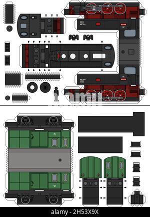 Paper model of a vintage steam locomotive and a coach Stock Vector ...