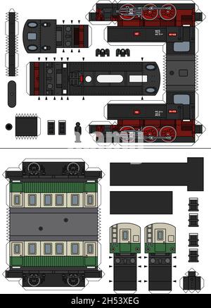 Paper model of a vintage steam locomotive and a coach Stock Vector ...
