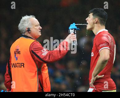 Louis Rees-Zammit of Wales takes out Tomoki Osada of Japan during the ...