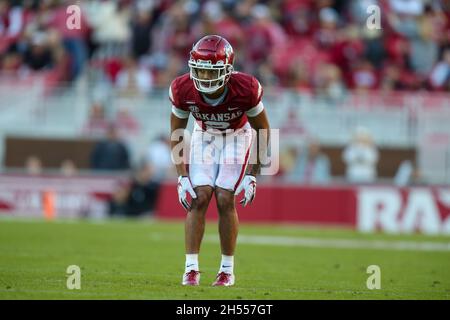 November 6, 2021: Myles Slusher #2 Arkansas safety takes a drop step as ...