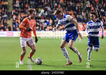 Josh Bowler #11 of Blackpool takes on Tom Dele-Bashiru #19 of Reading ...