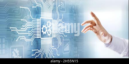 Gears mechanism on virtual screen. Automation and business process flow ...