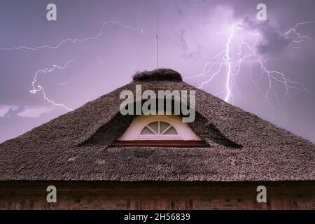 Thatch roof house with a lightning rod, private game reserve, Gauteng ...