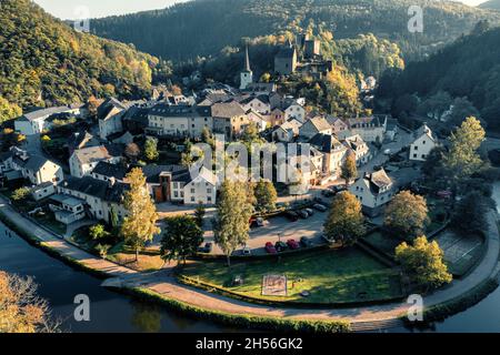 Aerial view of Esch-sur-Sure, medieval town in Luxembourg, dominated by ...