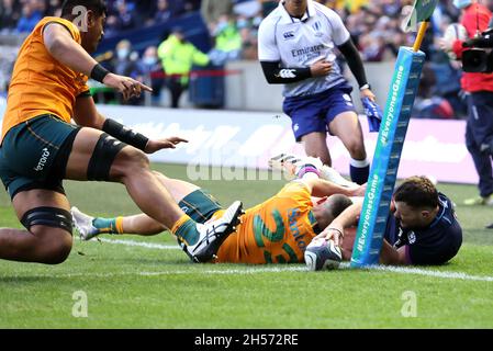 Scotland's Ewan Ashman scores their side's first try during the Rugby ...