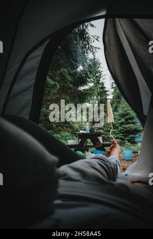a fantastic camping day in a tent Stock Photo - Alamy