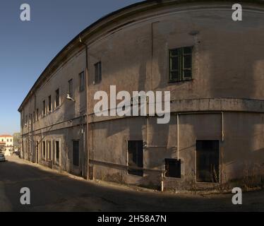 Oblique sunlight on rear wall of Catholic seminary in Arona, Italy ...