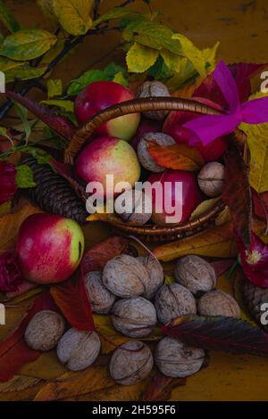Closeup shot of the delicious walnuts in the bowl on the wooden surface ...