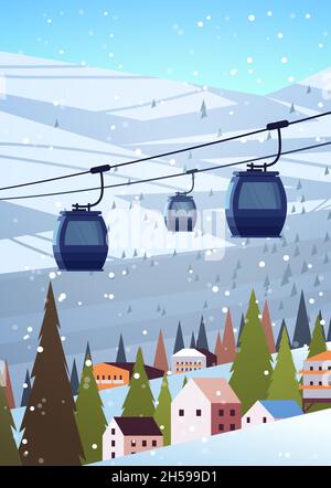 cableway in snowy mountains residential houses area ski resort ...