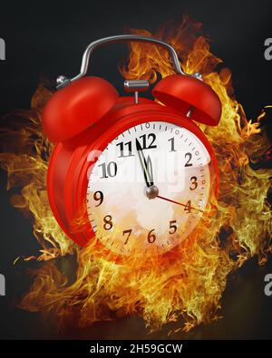 Red alarm clock on fire. 3D illustration Stock Photo - Alamy