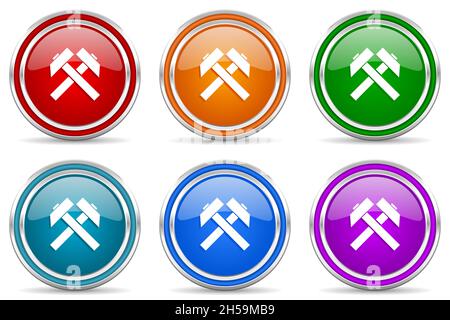 Mining silver metallic glossy icons, set of modern design buttons for ...