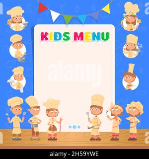 Kids menu frame. Children chefs cook with cutting board, restaurant ...