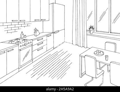 Interior sketch of kitchen room. Outline blueprint design of kitchen ...