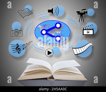 Open book with business icons above Stock Photo - Alamy