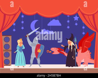 Children in princess and knight costumes play performance on theater ...