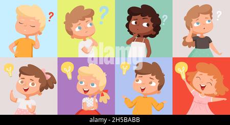 Kids good idea. Thinking people with question marks and happy mind lamp ...