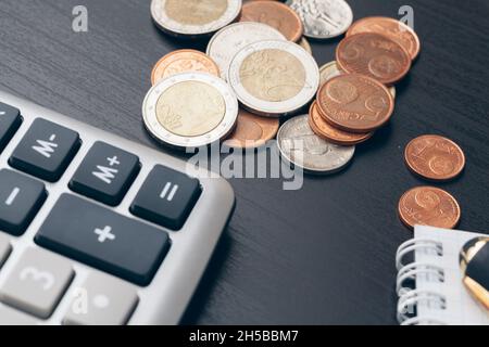 avings, finances, economy and home concept - close up of calculator ...