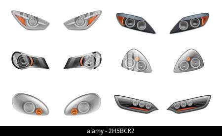 Realistic car headlights realistic icon set front and rear lights in ...