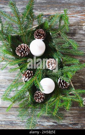 Simple Christmas floristic arrangement for a festive table made of fir ...