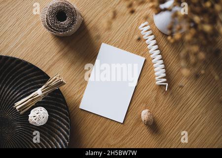 Boho business card mockup template, empty stationery card with dry ...