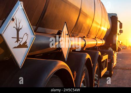 Danger labels on a tanker truck for dangerous goods, indicative of ...