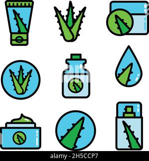 Agava aloe vera green color icons set. Juice from cut succulent. Liquid ...