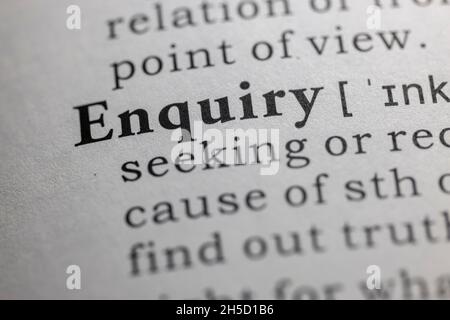 Fake Dictionary word, Dictionary definition of enquiry Stock Photo - Alamy