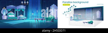 Parallax background luxury bedroom at night 2d interior. Dark room with ...