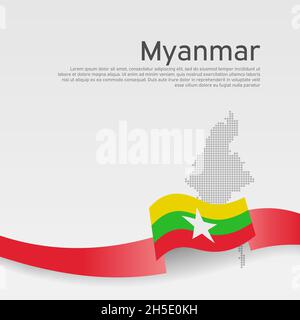 Myanmar flag, mosaic map on white background. Wavy ribbon with myanmar ...