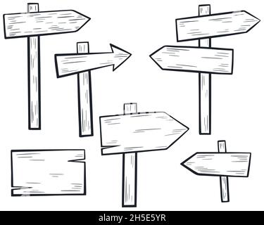 Hand drawn wooden road signs pointing in different and opposite ...