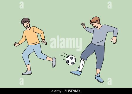 Happy disabled boy with prosthetic leg playing football with friend ...