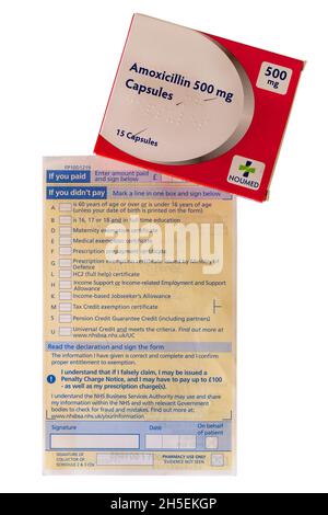 Medical prescription form, capsules and pills are lying against the ...