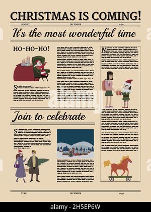 Christmas newspaper poster, old paper retro style. Greering Merrry ...
