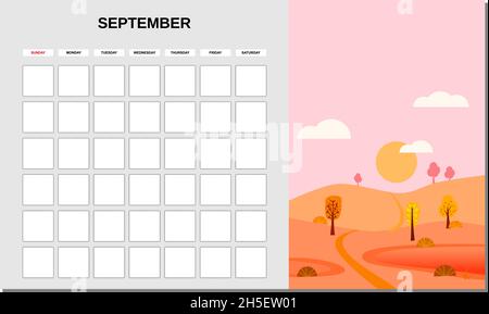 September Calendar Planner month. Minimalistic landscape natural ...