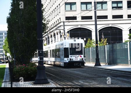 COBBLESTONE WAY: The New Jersey transit light rail train travels down ...
