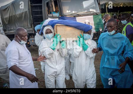 Freetown, Sierra Leone. 09th Nov, 2021. Coffins are lined up ahead of a ...