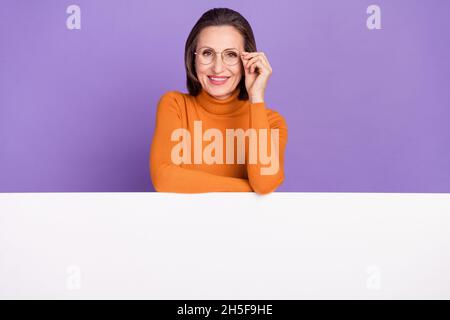 Photo of pretty dreamy lady dressed denim shirt hand chin looking empty ...