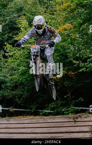THALE, GERMANY - Sep 15, 2021: A trail biker during the Rosstrappen Thale Harz Downhill Cup in ...