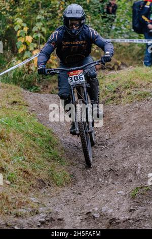THALE, GERMANY - Sep 15, 2021: A trail biker during the Rosstrappen Thale Harz Downhill Cup in ...