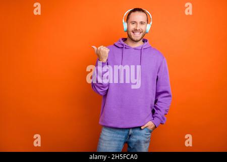 Photo of cute millennial brown hairdo lady look promo wear blue sweater ...