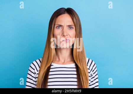 Photo of upset lady wear blue sweater rucksack looking device hand arm ...