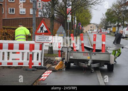 Copenhagen /Denmark / 09 November 2021 / Foot path construction work in ...