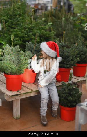 Small girl chooses a Christmas tree in the shop Stock Photo - Alamy