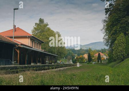 Outside view of train station of Rogaska Slatina, a small village in ...